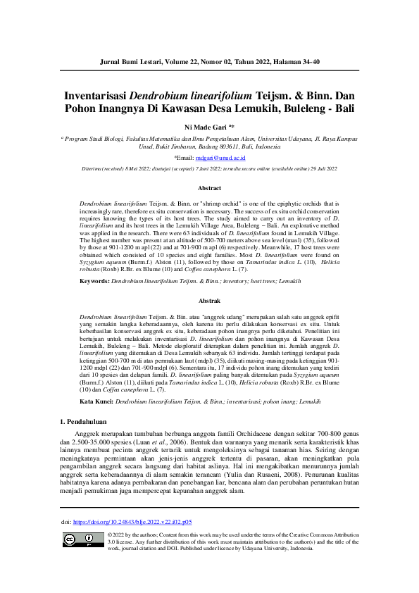 (PDF) Inventarisasi Dendrobium linearifolium Teijsm. & Binn. Dan Pohon Inangnya Di Kawasan Desa ...
