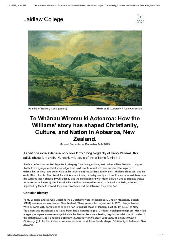 (PDF) Te Whānau Wiremu ki Aotearoa: How the Williams' story has shaped ...