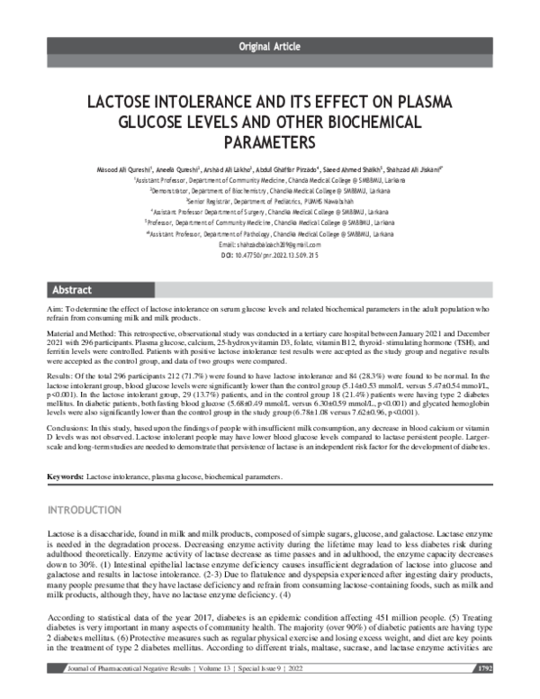 (PDF) Lactose Intolerance and Its Effect on Plasma Glucose Levels and ...