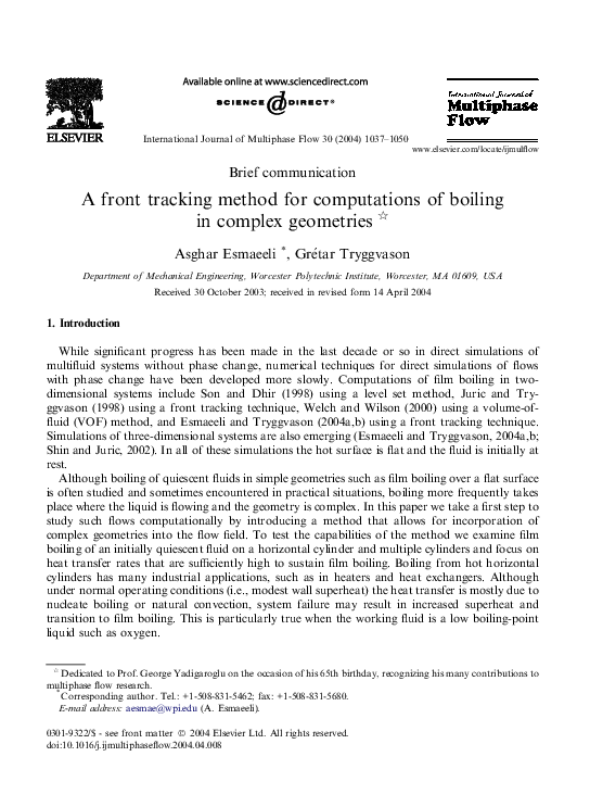 (PDF) A front tracking method for computations of boiling in complex geometries | Asghar ...