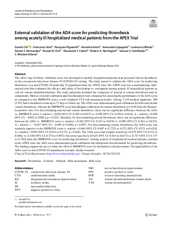 (PDF) External validation of the ADA score for predicting thrombosis ...