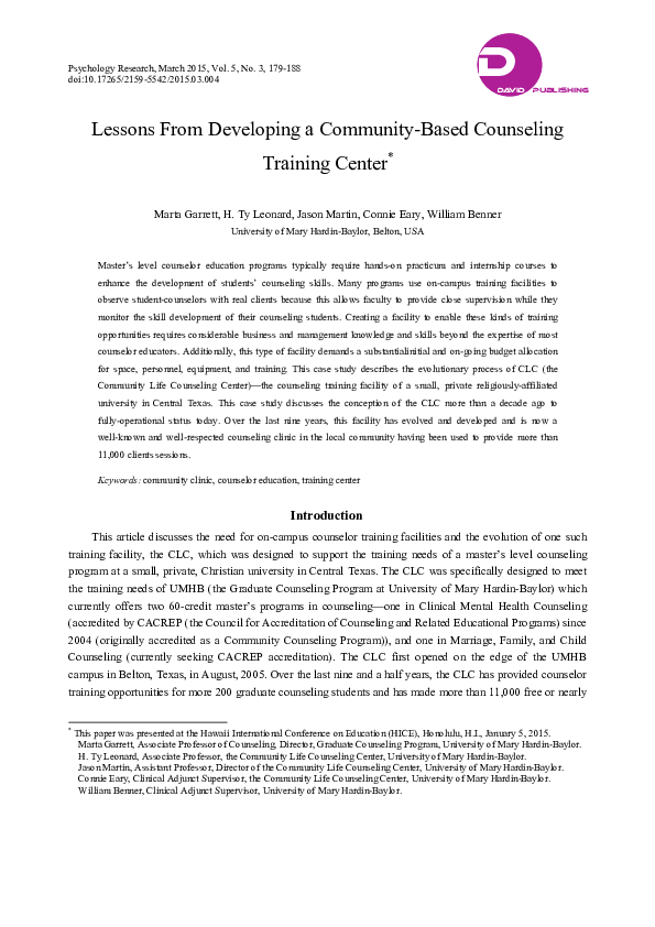 (PDF) Lessons From Developing a Community-Based Counseling Training Center