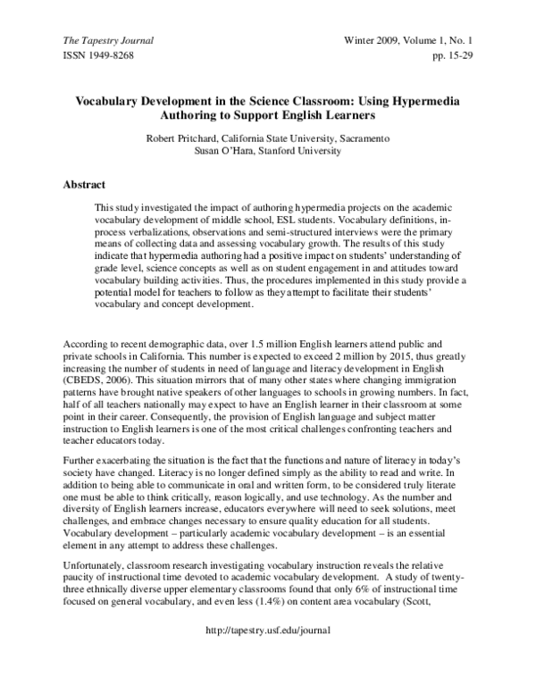 (PDF) Vocabulary Development in the Science Classroom: Using Hypermedia Authoring to Support ...