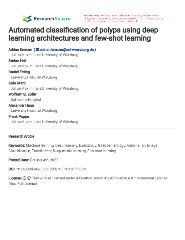 (PDF) Automated classification of polyps using deep learning architectures and few-shot learning