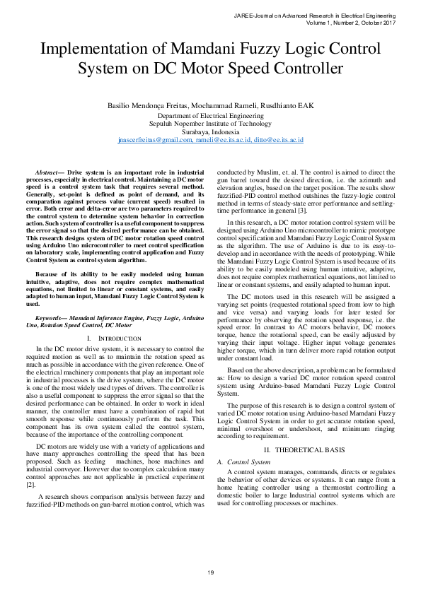 (PDF) Implementation of Mamdani Fuzzy Logic Control System on DC Motor Speed Controller ...