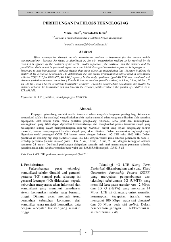 (PDF) Perhitungan Pathloss Teknologi 4G