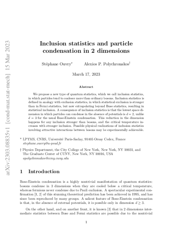 (PDF) Inclusion statistics and particle condensation in two dimensions ...