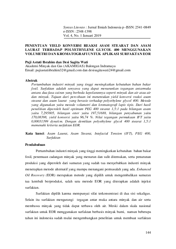 (PDF) Penentuan Yield Konversi Reaksi Asam Stearat Dan Asam Laurat ...