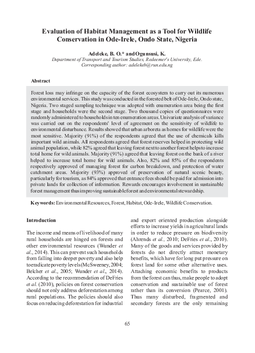 (PDF) Evaluation of Habitat Management as a Tool for Wildlife Conservation in Ode-Irele, Ondo ...