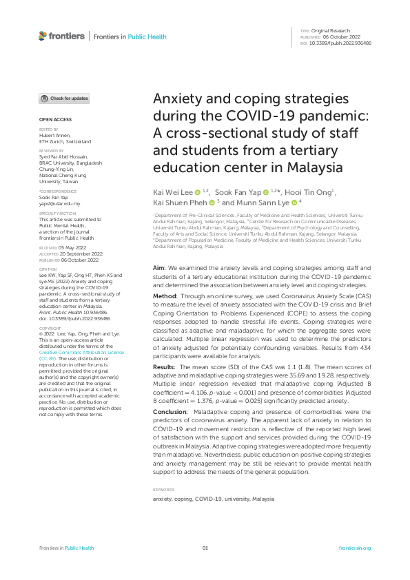 (PDF) Anxiety and coping strategies during the COVID-19 pandemic: A cross-sectional study of ...
