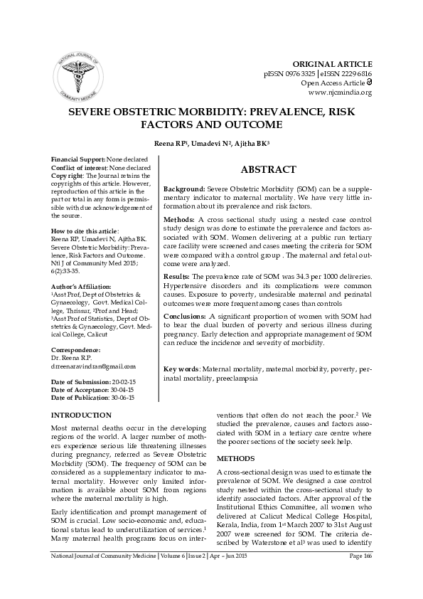 (PDF) SEVERE OBSTETRIC MORBIDITY: PREVALENCE, RISK FACTORS AND OUTCOME