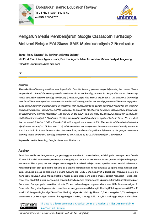(PDF) Pengaruh Media Pembelajaran Google Classroom Terhadap Motivasi Belajar PAI Siswa SMK ...