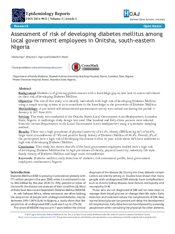 (PDF) Assessment of risk of developing diabetes mellitus among local ...
