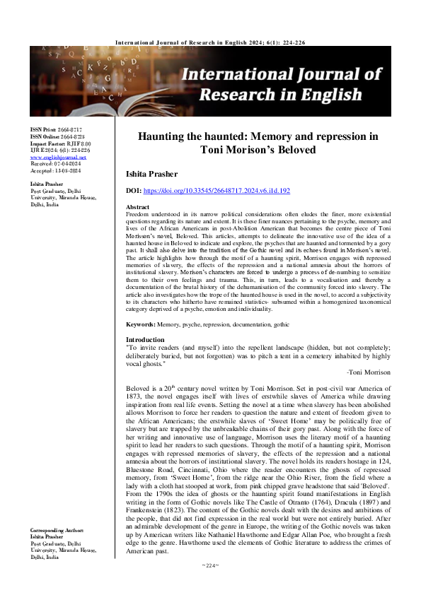 (PDF) Haunting the haunted: Memory and repression in Toni Morison's Beloved
