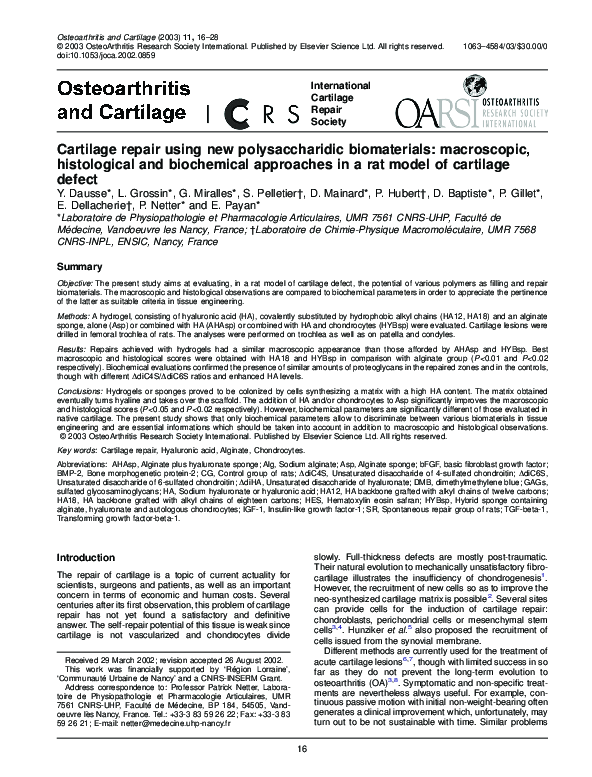 (PDF) Cartilage repair using new polysaccharidic biomaterials ...