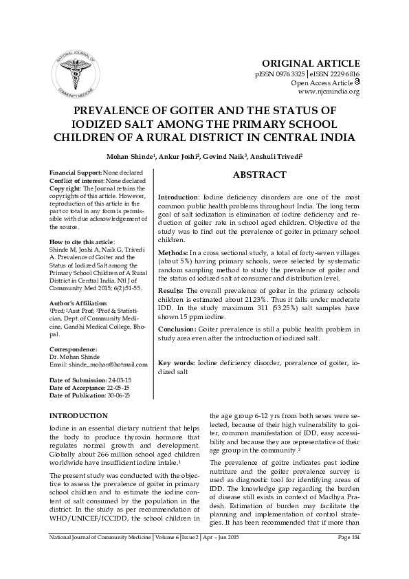 (PDF) PREVALENCE OF GOITER AND THE STATUS OF IODIZED SALT AMONG THE ...