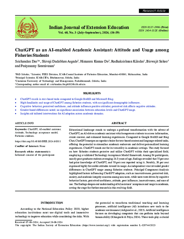 (PDF) ChatGPT as an AI-enabled Academic Assistant: Attitude and Usage among Fisheries Students