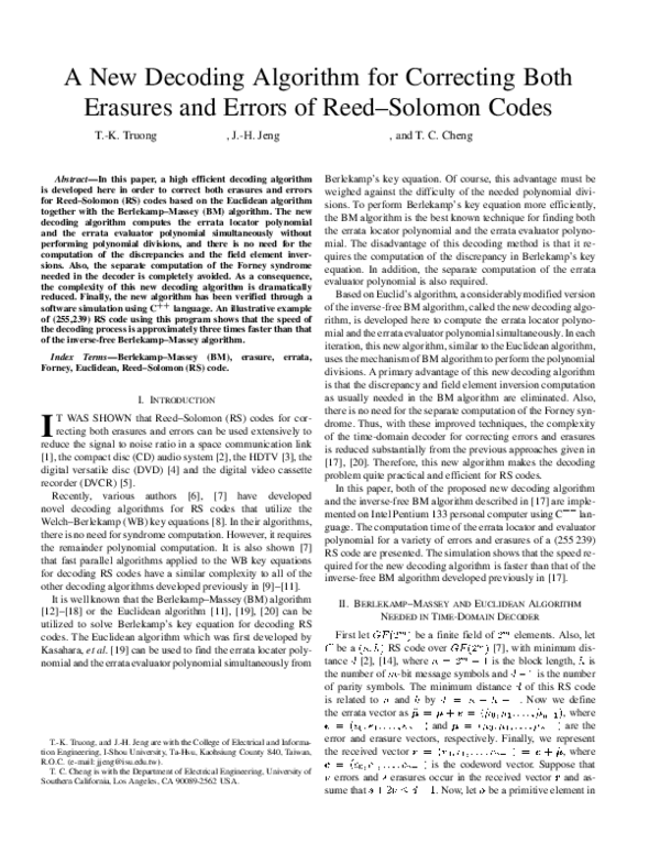 (PDF) A new decoding algorithm for correcting both erasures and errors of reed-solomon codes