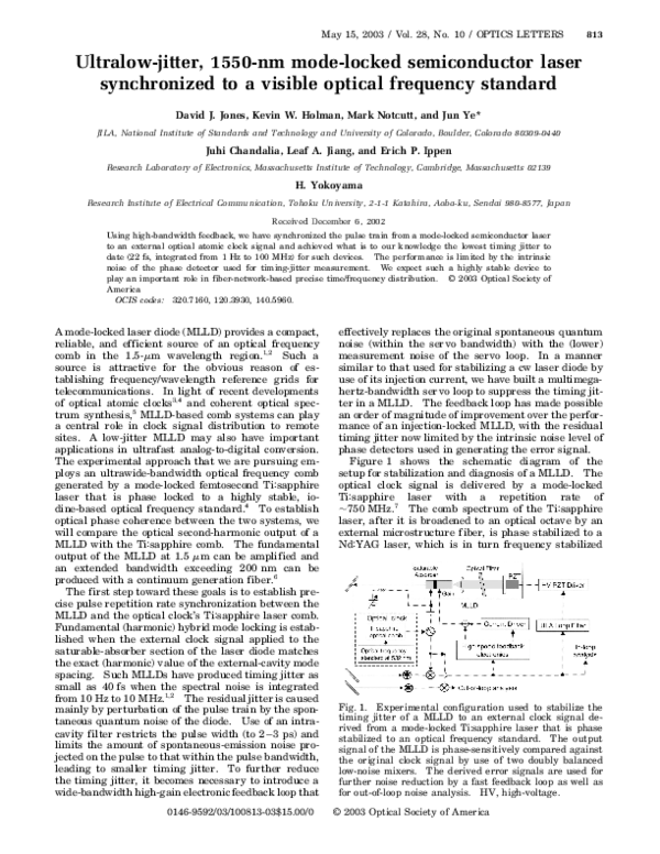 (PDF) Ultralow-jitter, 1550-nm mode-locked semiconductor laser synchronized to a visible optical ...