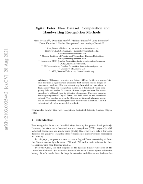 (PDF) Digital Peter: Dataset, Competition and Handwriting Recognition ...