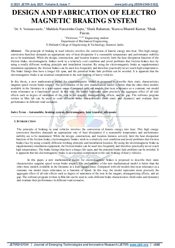 (PDF) Design and Fabrication of Electro Magnetic Braking System