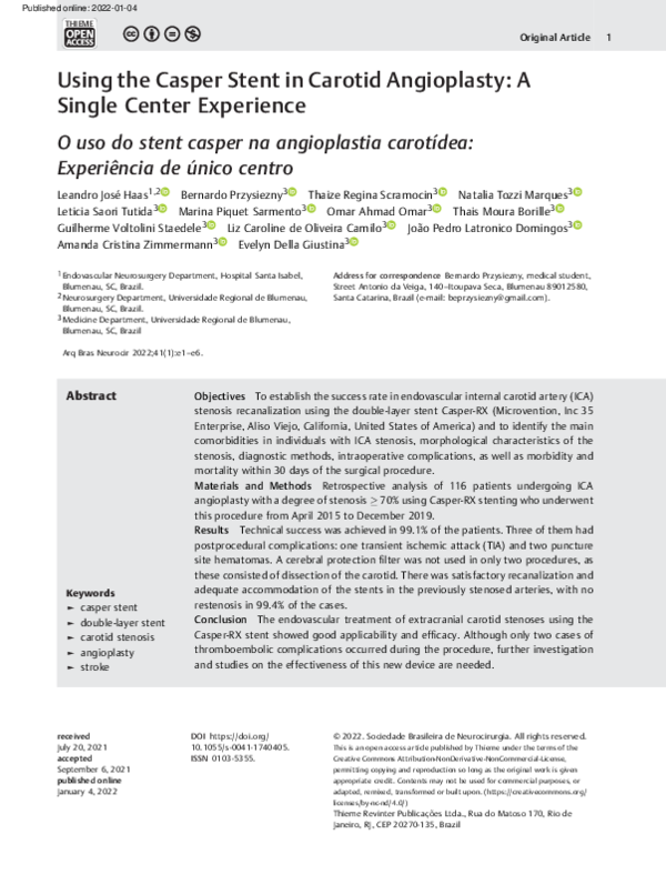(PDF) Using the Casper Stent in Carotid Angioplasty: A Single Center ...