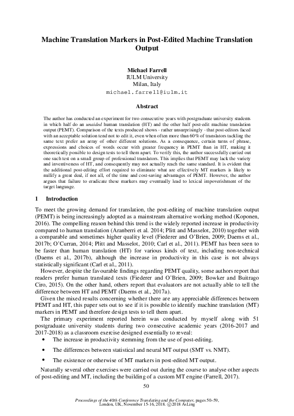 (PDF) Machine Translation Markers in Post-Edited Machine Translation Output