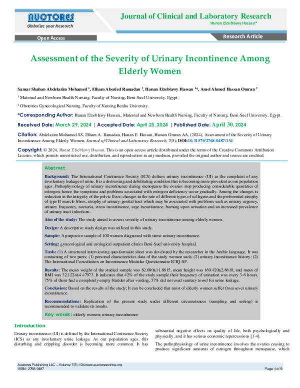 (PDF) Assessment of the Severity of Urinary Incontinence Among Elderly ...