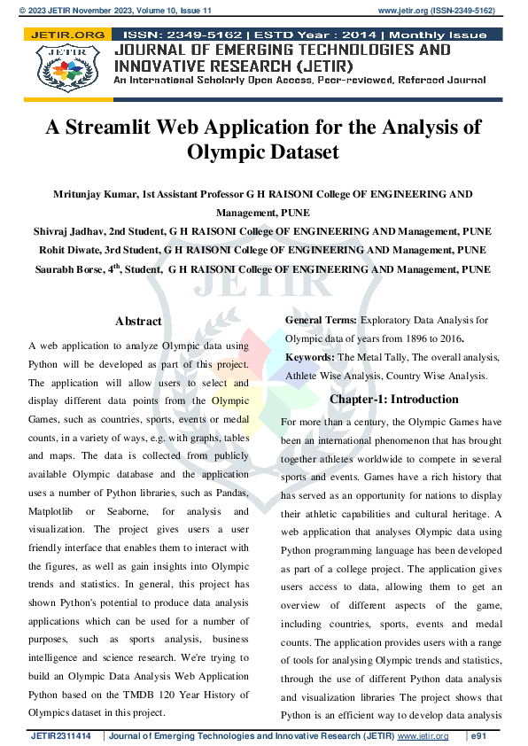 (PDF) A Streamlit Web Application for the Analysis of Olympic Dataset