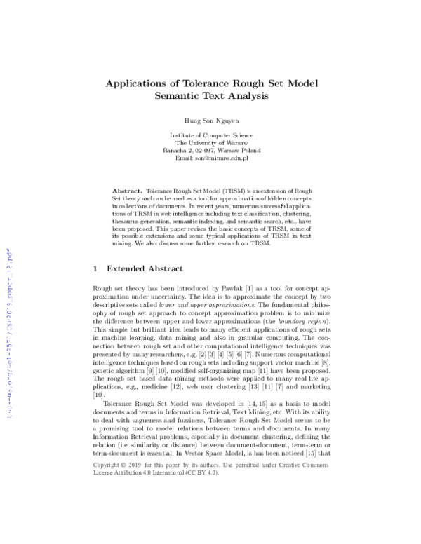 (PDF) Applications of Tolerance Rough Set Model Semantic Text Analysis | Hung Son Nguyen ...