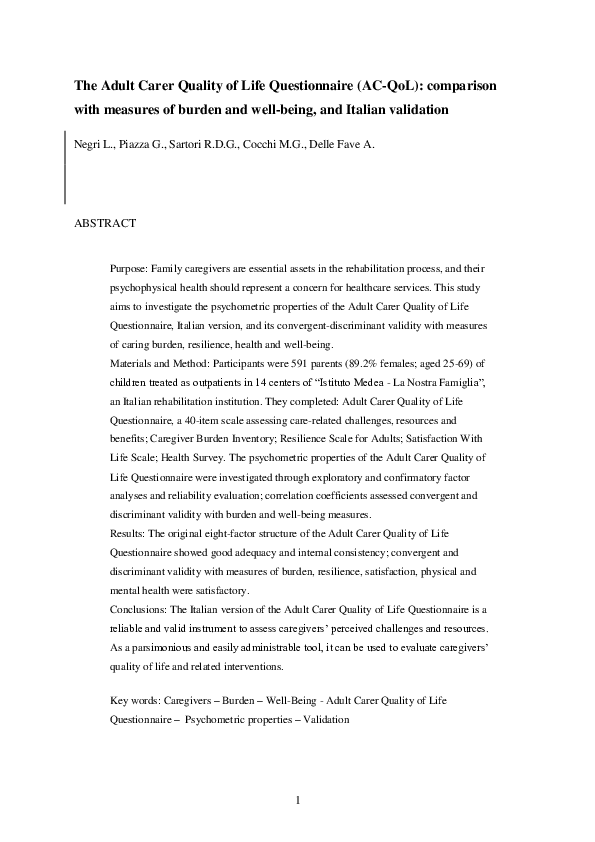 (PDF) The adult carer quality of life questionnaire (AC-QoL): comparison with measures of burden ...