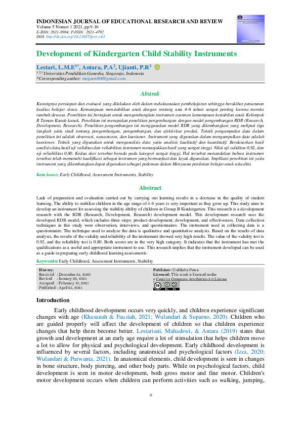 (PDF) Development of Kindergarten Child Stability Instruments
