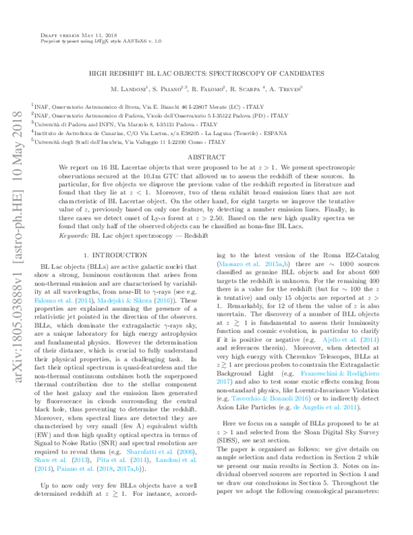 (PDF) High-redshift BL Lac Objects: Spectroscopy of Candidates