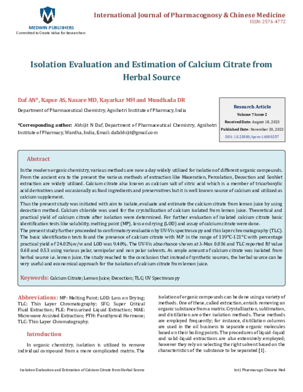 (PDF) Isolation Evaluation and Estimation of Calcium Citrate from ...
