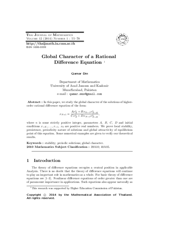 (PDF) Global character of a rational difference equation