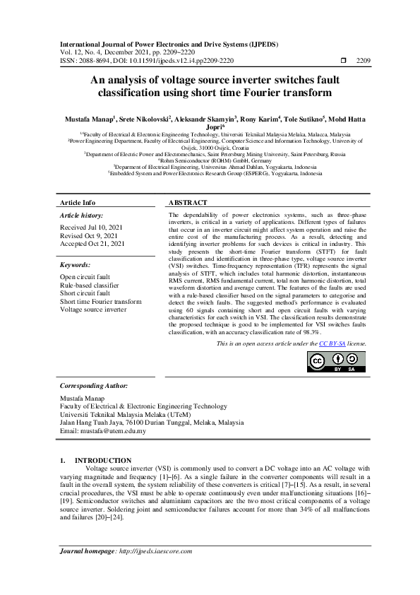 (PDF) An analysis of voltage source inverter switches fault classification using short time ...