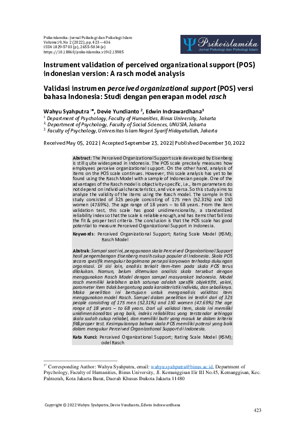 (PDF) Instrument validation of perceived organizational support (POS) indonesian version: A ...