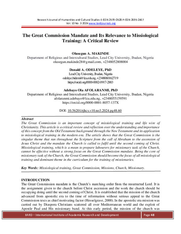 (PDF) The Great Commission Mandate and Its Relevance to Missiological ...
