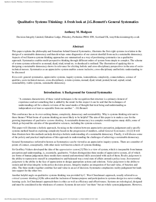 (PDF) Qualitative Systems Thinking: A fresh look at J.G.Bennett's General Systematics