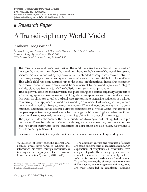 (PDF) A Transdisciplinary World Model