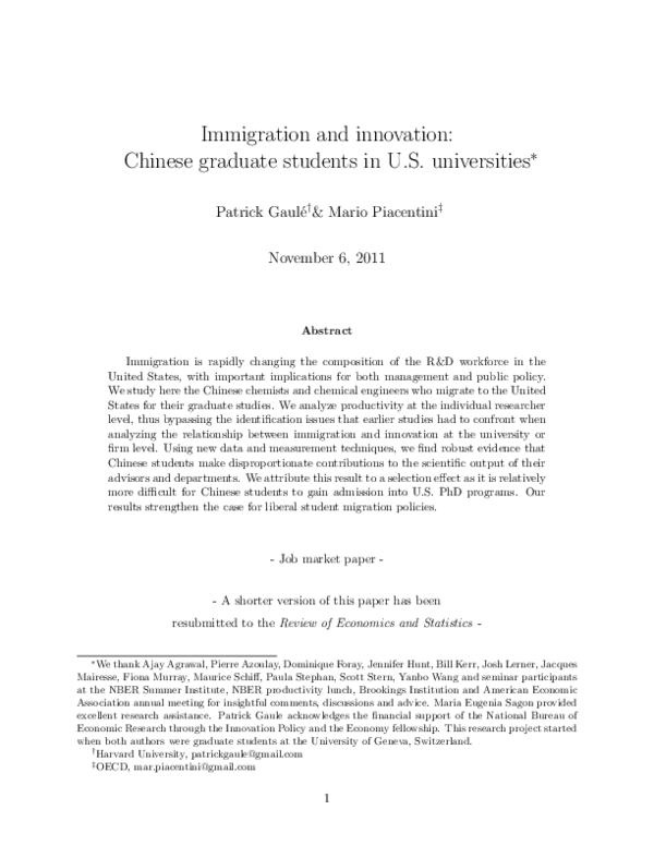 (PDF) Immigration and Innovation: Chinese Graduate Students in U.S ...