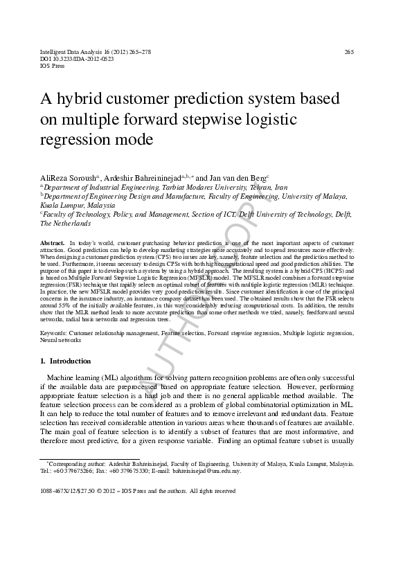 (PDF) A hybrid customer prediction system based on multiple forward stepwise logistic regression ...