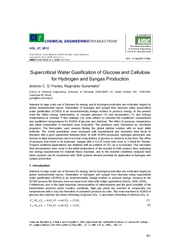 (PDF) Supercritical Water Gasification of Glucose and Cellulose for ...