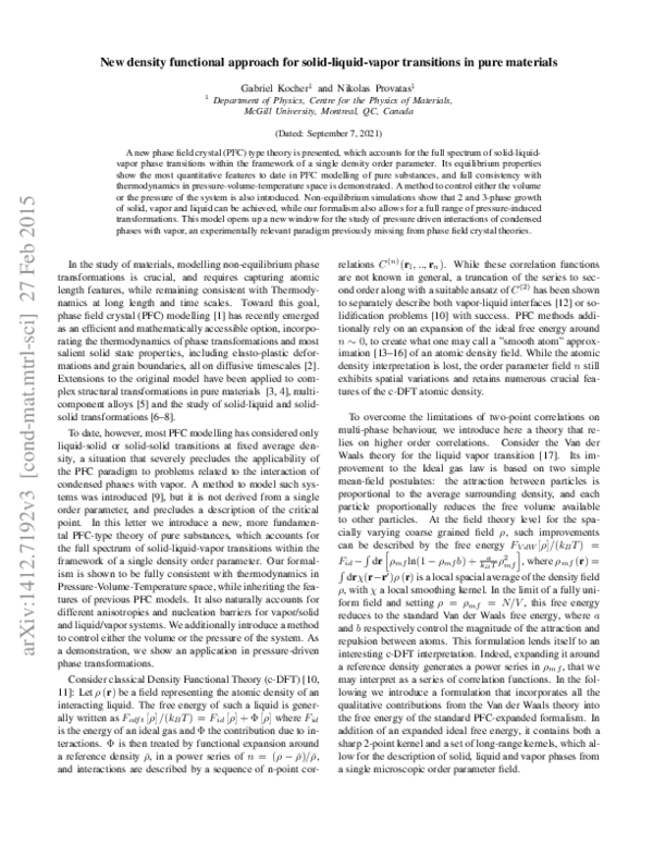(PDF) Thermodynamic Reformulation of Phase Field Crystal Modelling