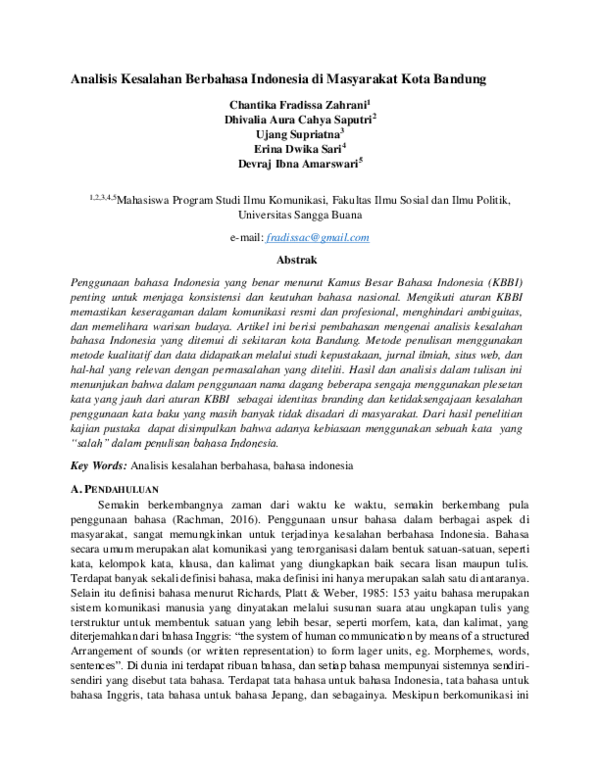 (PDF) Analisis Kesalahan Berbahasa Indonesia di Masyarakat Kota Bandung
