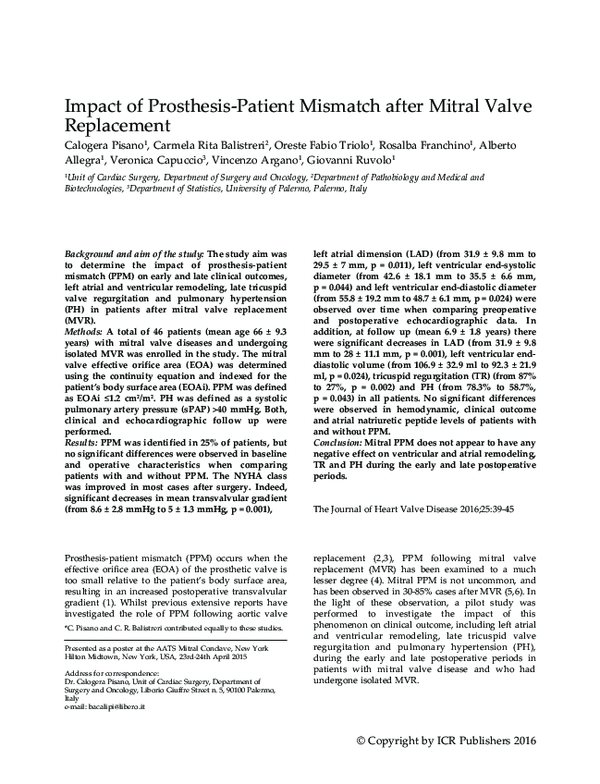 (PDF) Impact of Prosthesis-Patient Mismatch after Mitral Valve Replacement