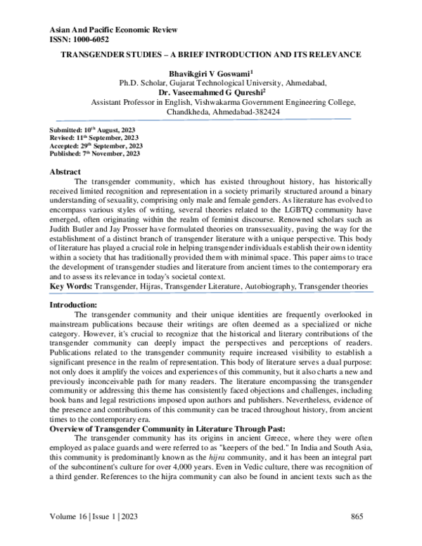 (PDF) TRANSGENDER STUDIES – A BRIEF INTRODUCTION AND ITS RELEVANCE