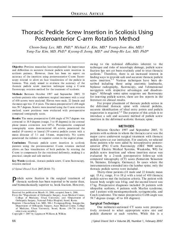 (PDF) Thoracic Pedicle Screw Insertion in Scoliosis Using Posteroanterior C-arm Rotation Method