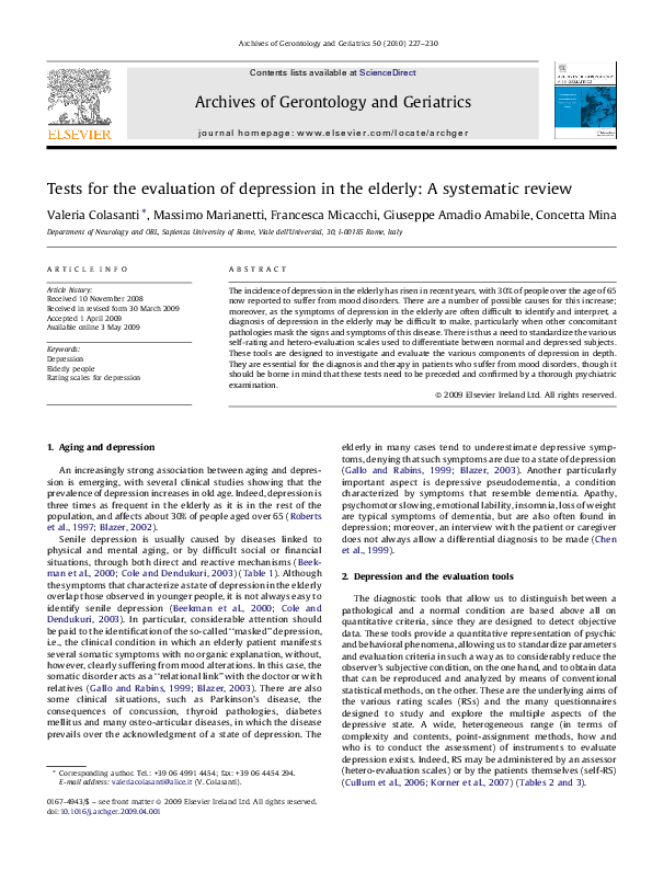 (PDF) Tests for the evaluation of depression in the elderly: A ...