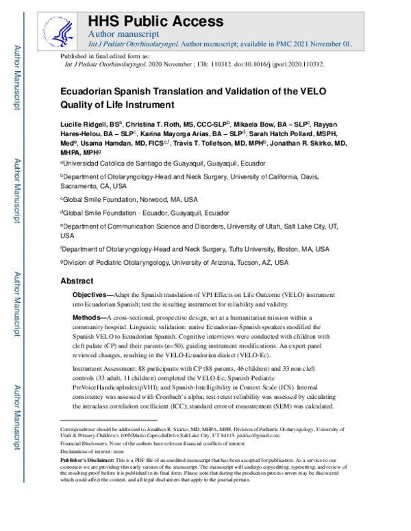 (PDF) Ecuadorian Spanish translation and validation of the VELO quality ...